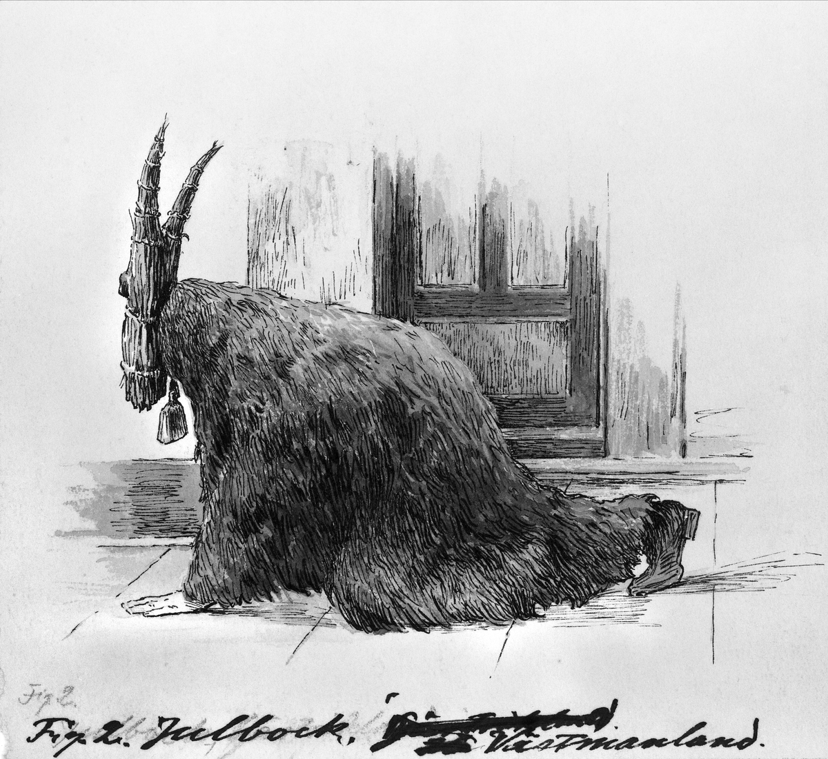 Julbock sedd snett bakifrån. Den utklädda julbocken spelade en viktig ...